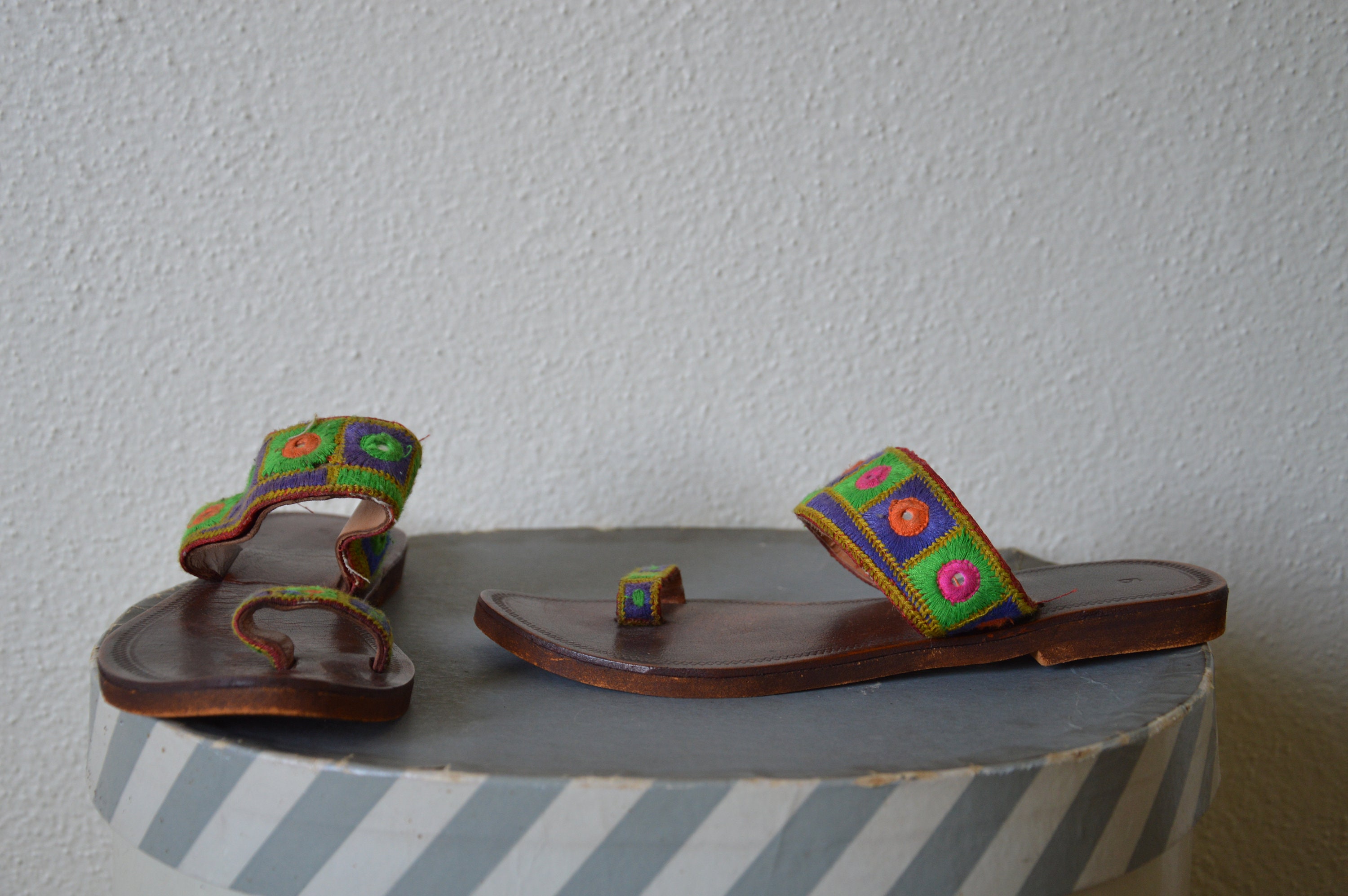 Vintage 70's Thongs Flip Flops Sandals // Rainbow Woven Mirror Shoes ...