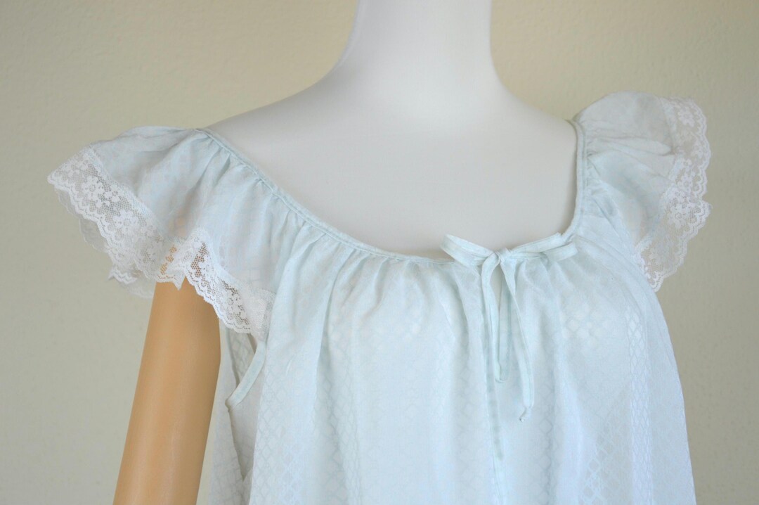 Vintage 1970's Pale Blue Night Gown // Checked Pastel Muted Frilly ...