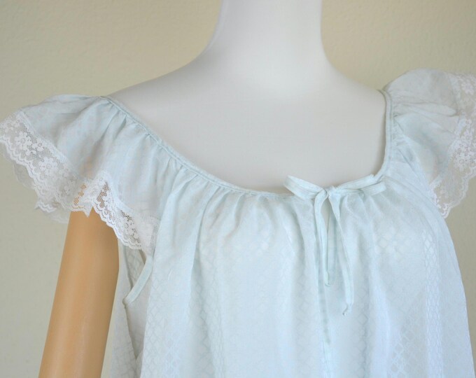 Vintage 1970's Pale Blue Night Gown // Checked Pastel Muted Frilly ...