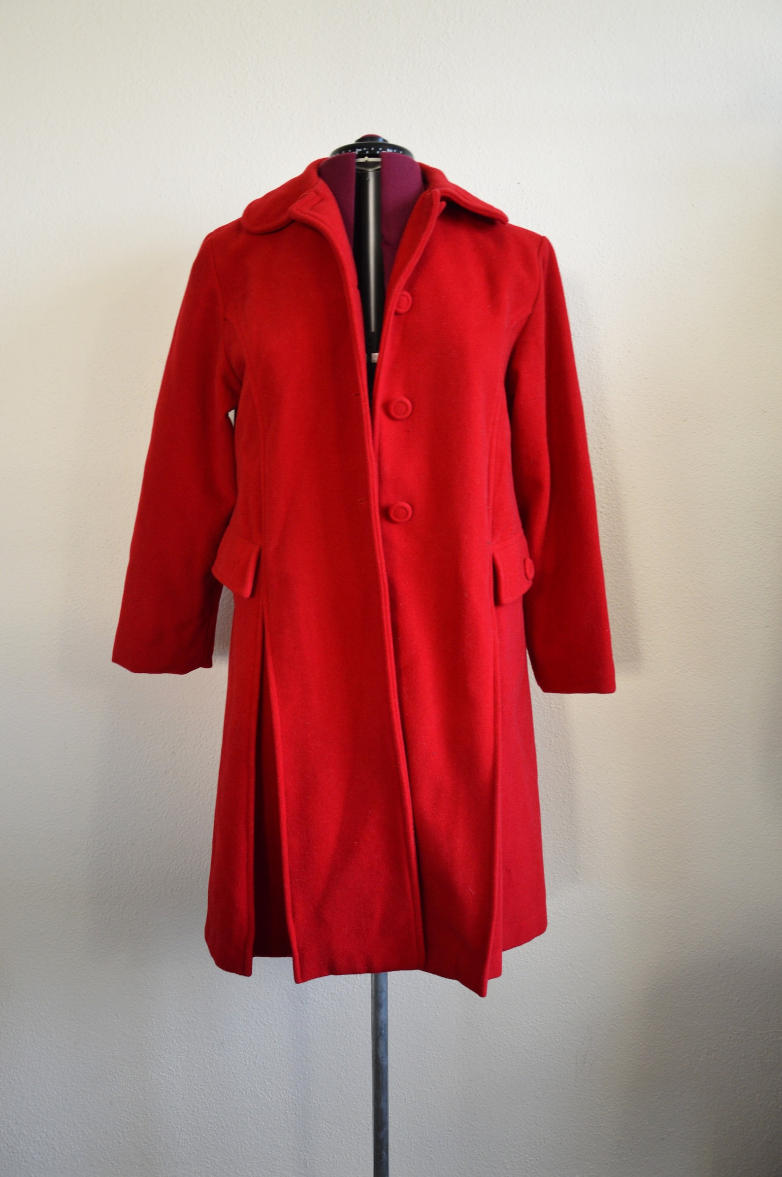 Vintage 2000's Red Coat // Red Wool Pleat Front Long Ladies Coat Warm ...