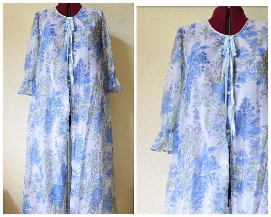Vintage 1970's Negligee // Blue White Floral Robe Lingerie Boudoir ...