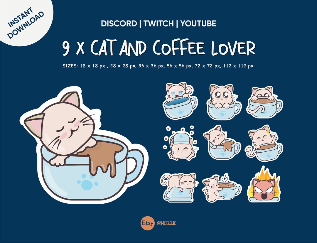 Cute Sneaky Cat Coffee Chibi Relax Discord Twitch Static Emote X 9 - Etsy