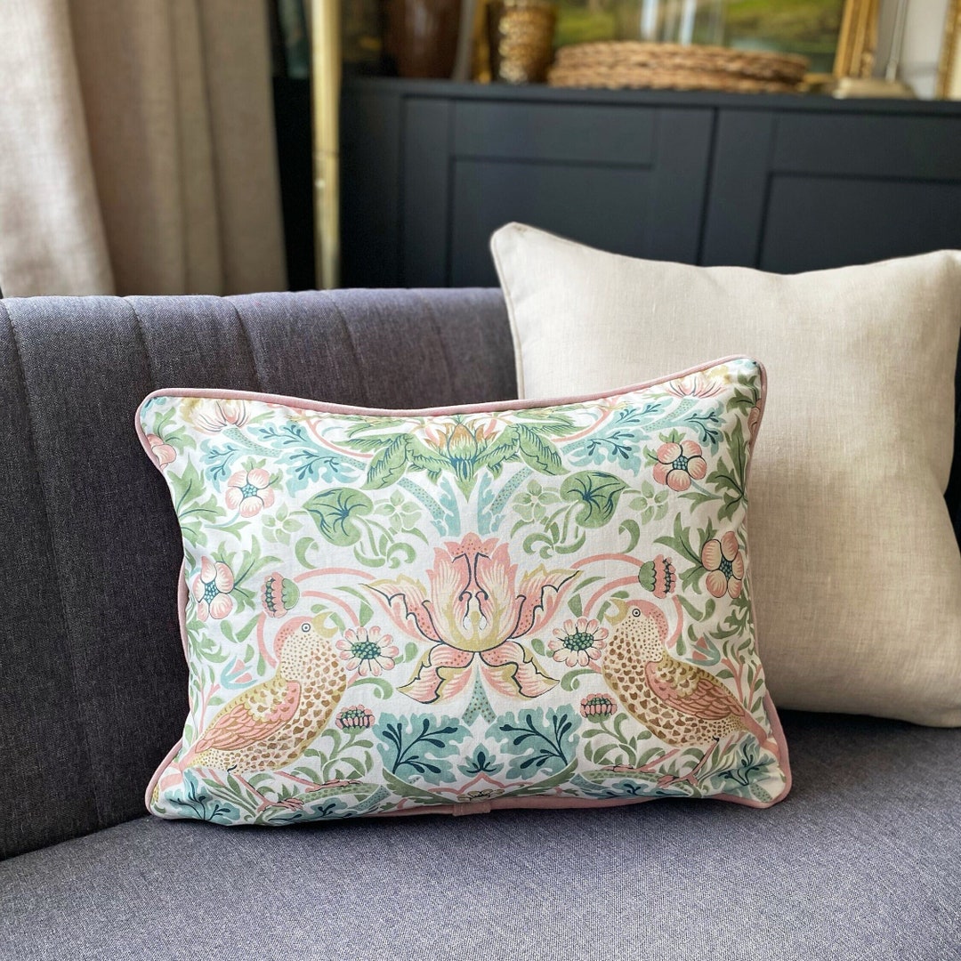 William Morris Cochineal Pink Strawberry Thief Cushion Cover With Pink ...