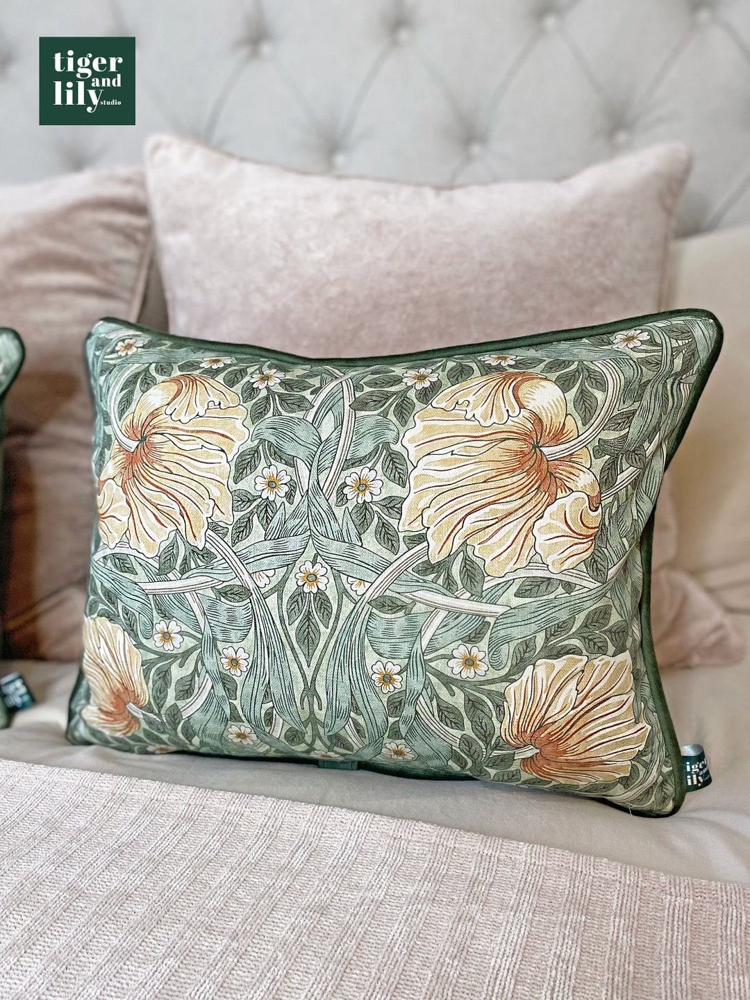 William Morris Pimpernel Bayleaf/manilla With Olive Velvet Piping and ...