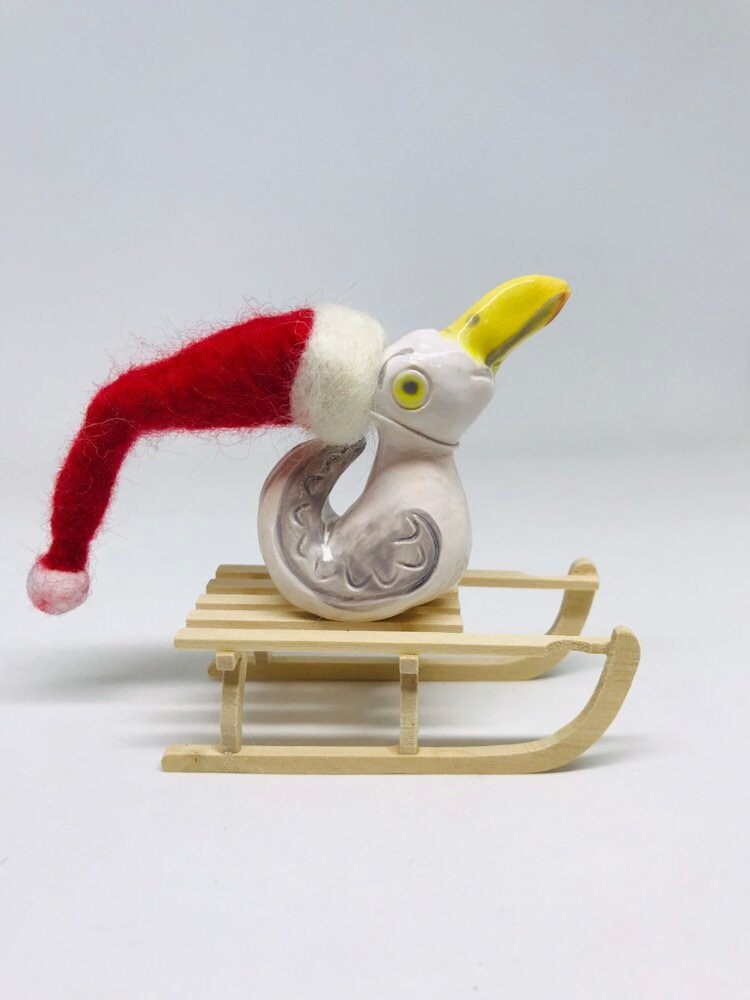 Pottery Seagull on his Christmas Sleigh, Xmas Sledge, Stocking Filler ...