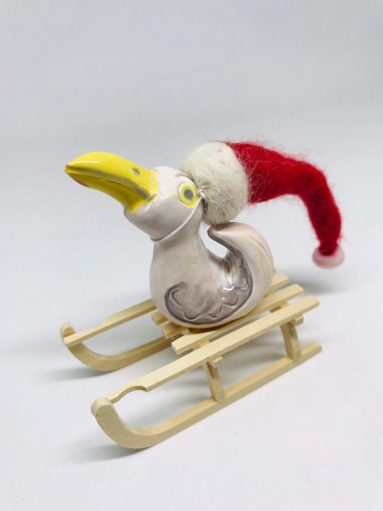 Pottery Seagull on his Christmas Sleigh, Xmas Sledge, Stocking Filler ...