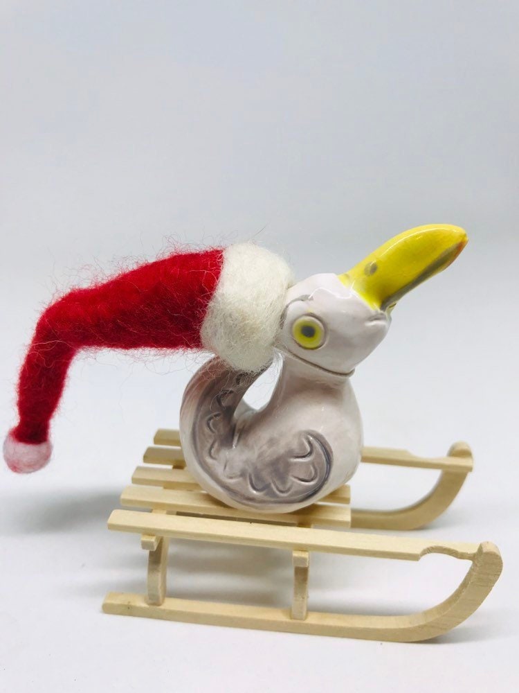 Pottery Seagull on his Christmas Sleigh, Xmas Sledge, Stocking Filler ...
