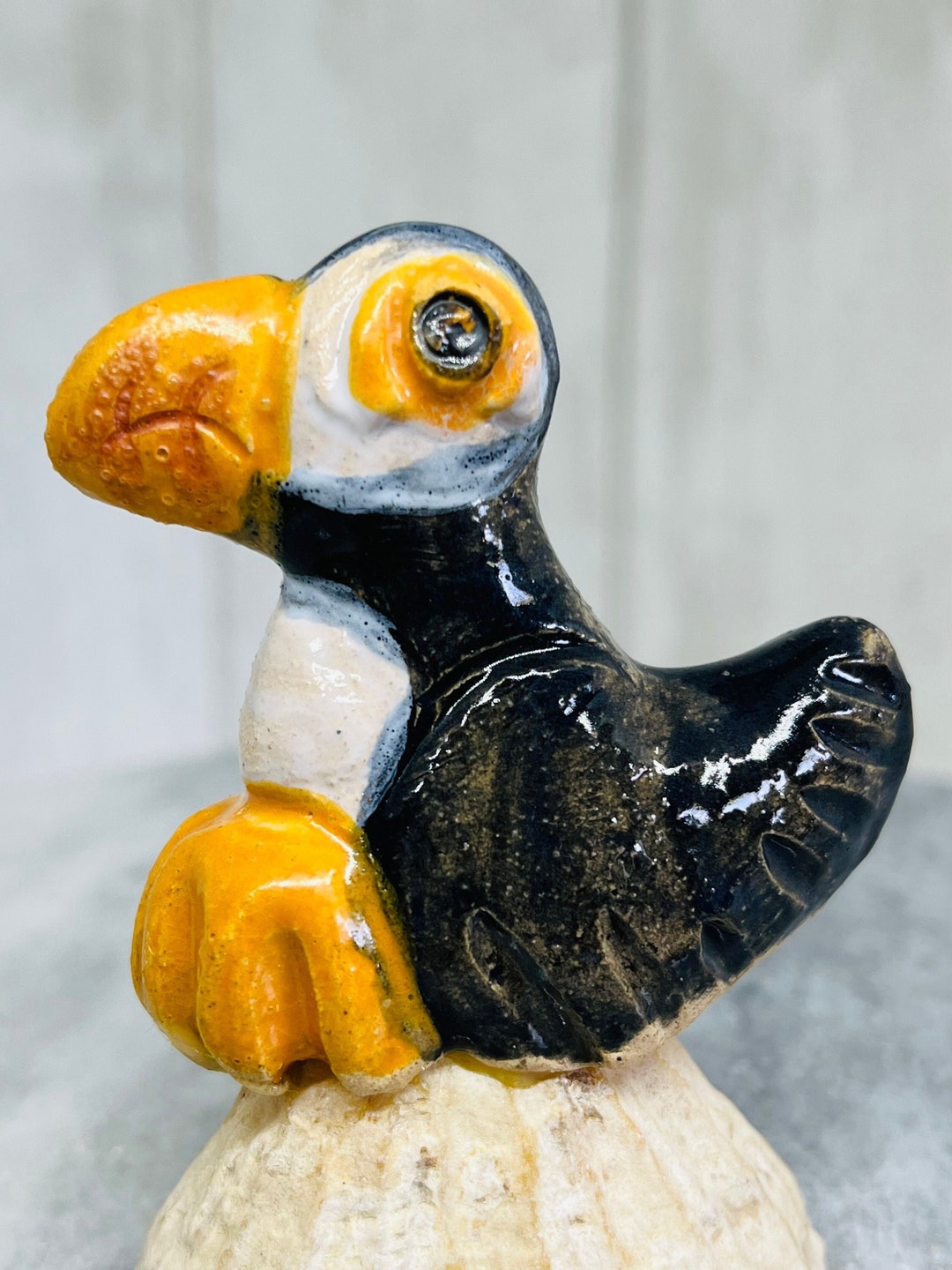 Fun Puffin Bird, Ceramic Ornament, Shell, Handmade Clay Figurine ...