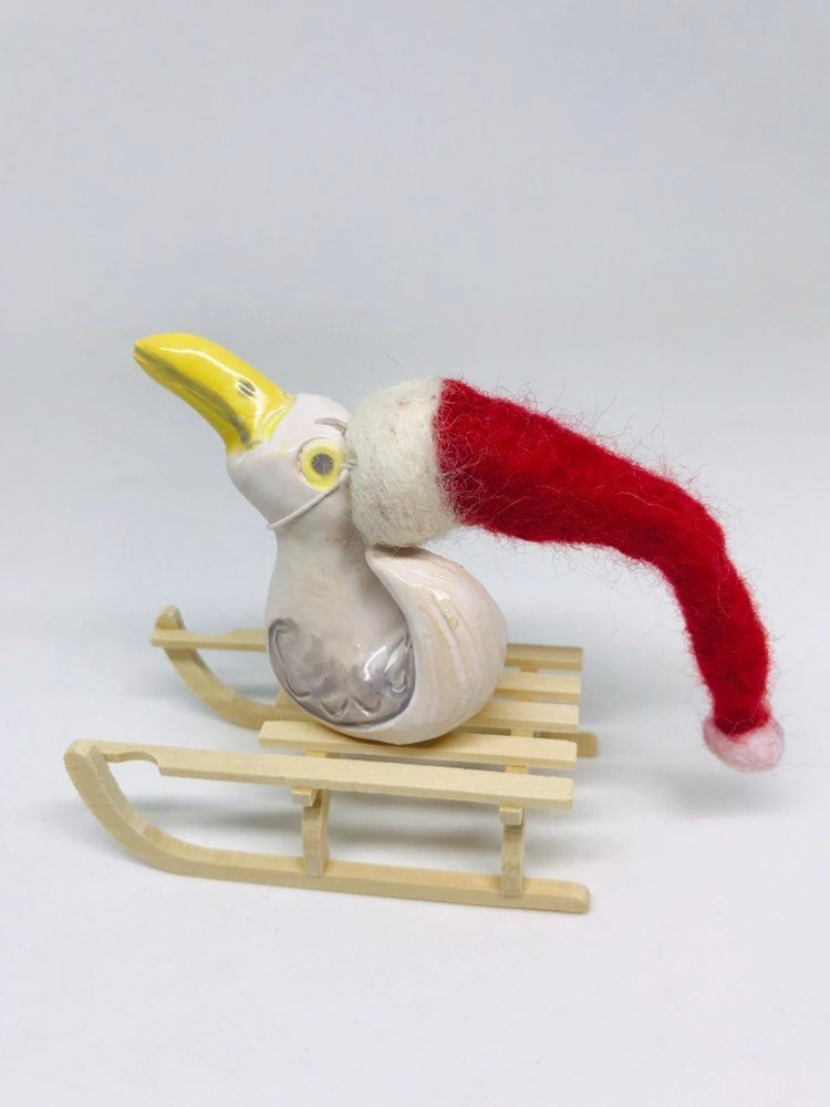 Pottery Seagull on his Christmas Sleigh, Xmas Sledge, Stocking Filler ...