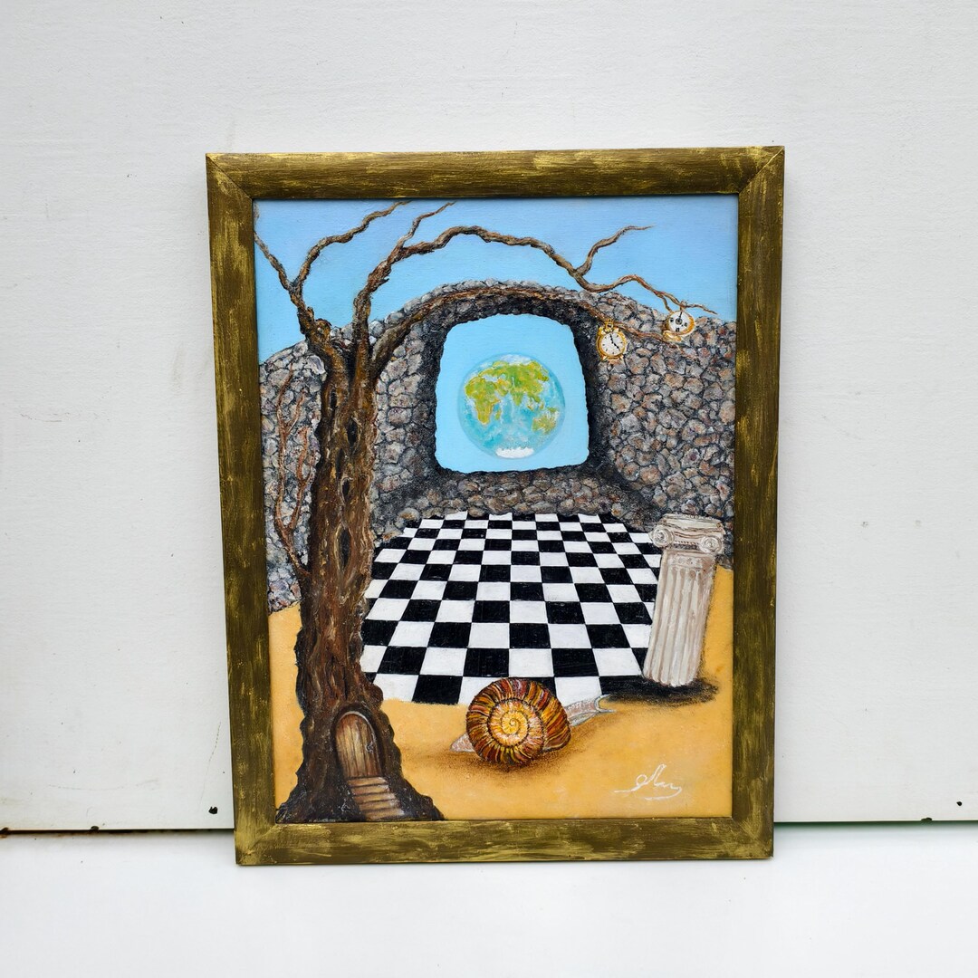 Surrealism Oil Painting: Tree Snail, Globe, Game Board - 35x45 Cm - Etsy