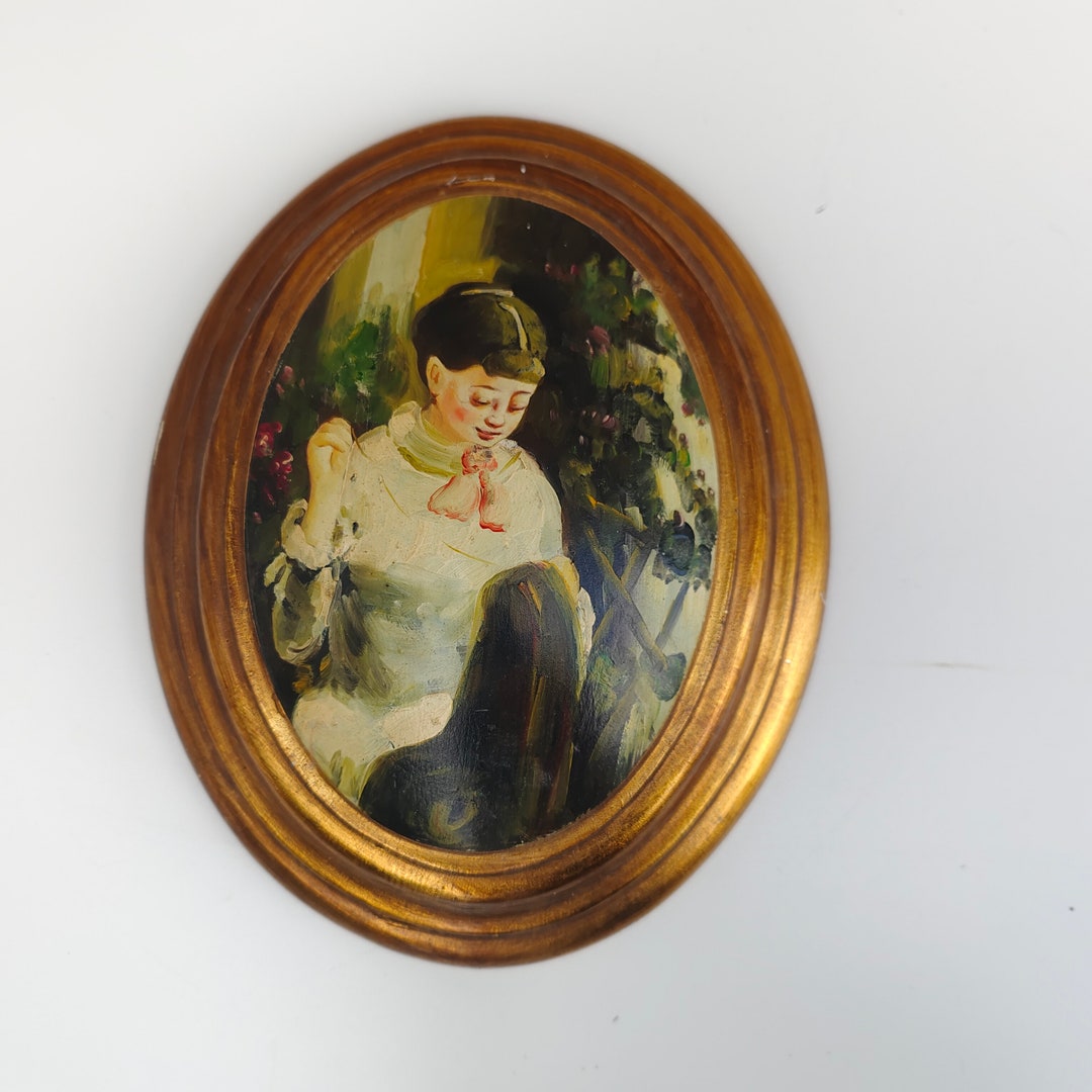 Vintage 60s Oval Countex Boy Painting on Wood Gold Framed Antique Art ...