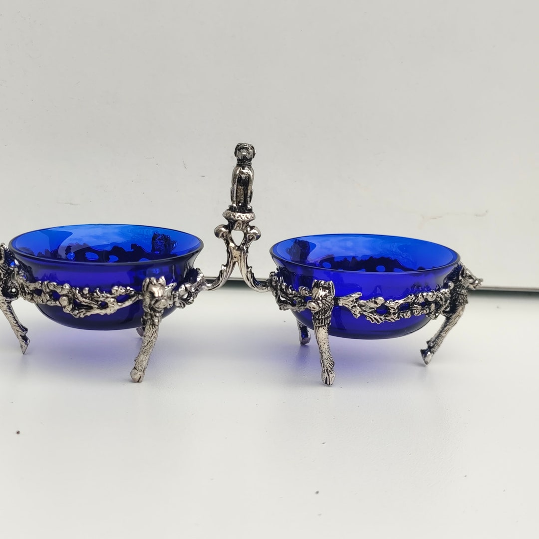 Cobalt Blue Silver Plated Double Salt Cellar Antique Footed Salt Bowls ...