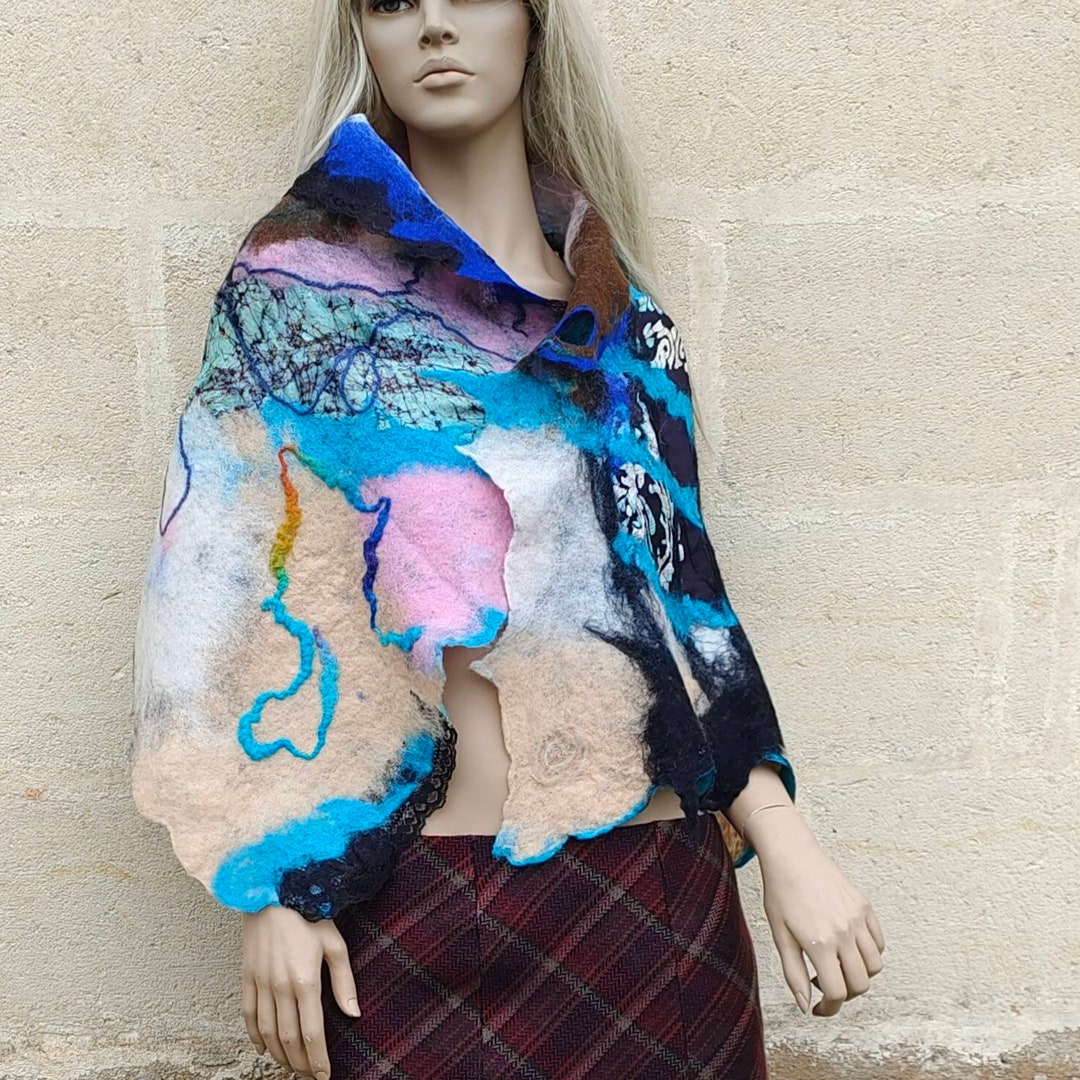 Hand Felted Large Scarf With Silk and Lace Abstract Print Felted Shawl ...