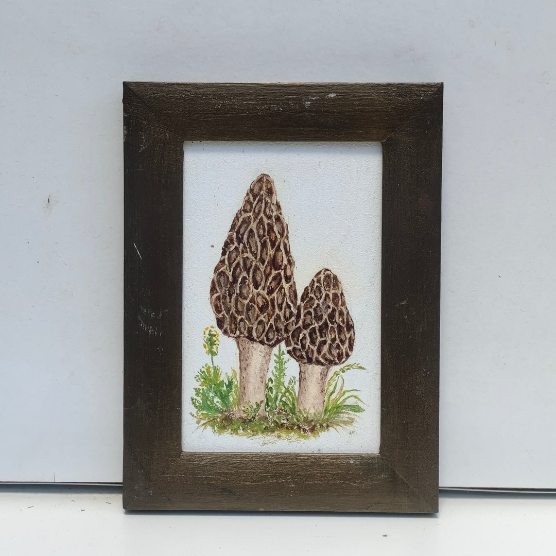 Morel Mushrooms Oil Painting Tiny Framed Botanical Artwork Forest Wall ...