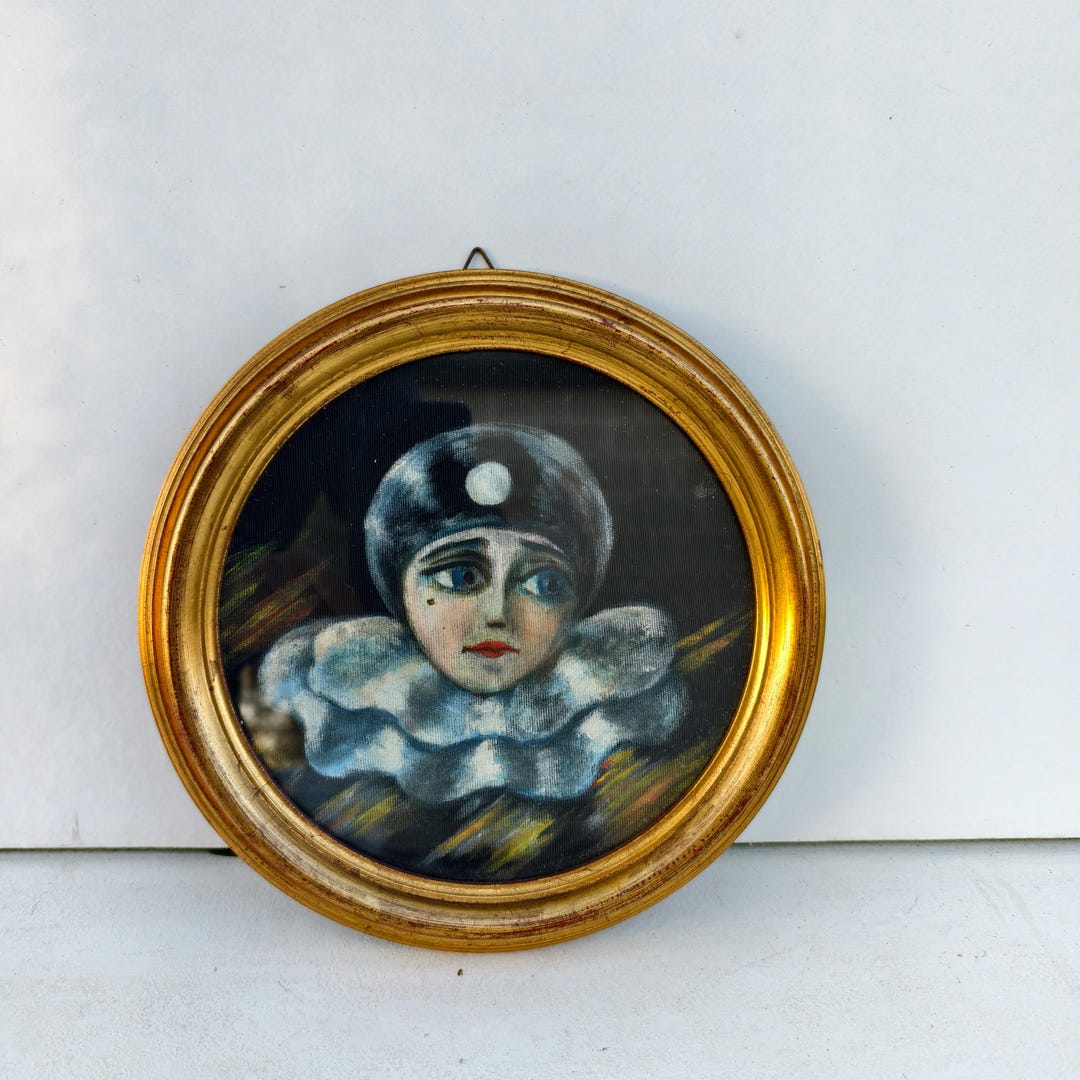 Vintage Italian Pierrot Clown Portrait Round Art - Etsy