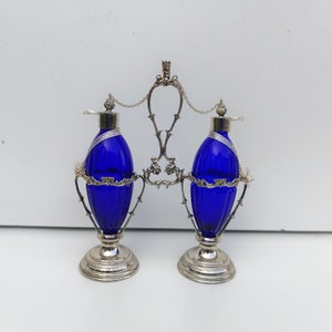 Antique Cobalt Blue Cruet Set Oil and Vinegar With Silver Plated ...