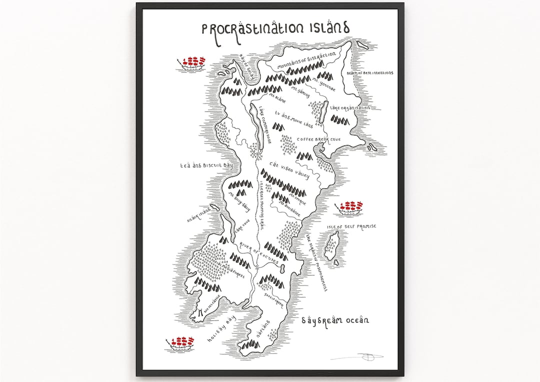 PROCRASTINATION ISLAND Map Print | Fictional Map | Minimalist Map Art ...