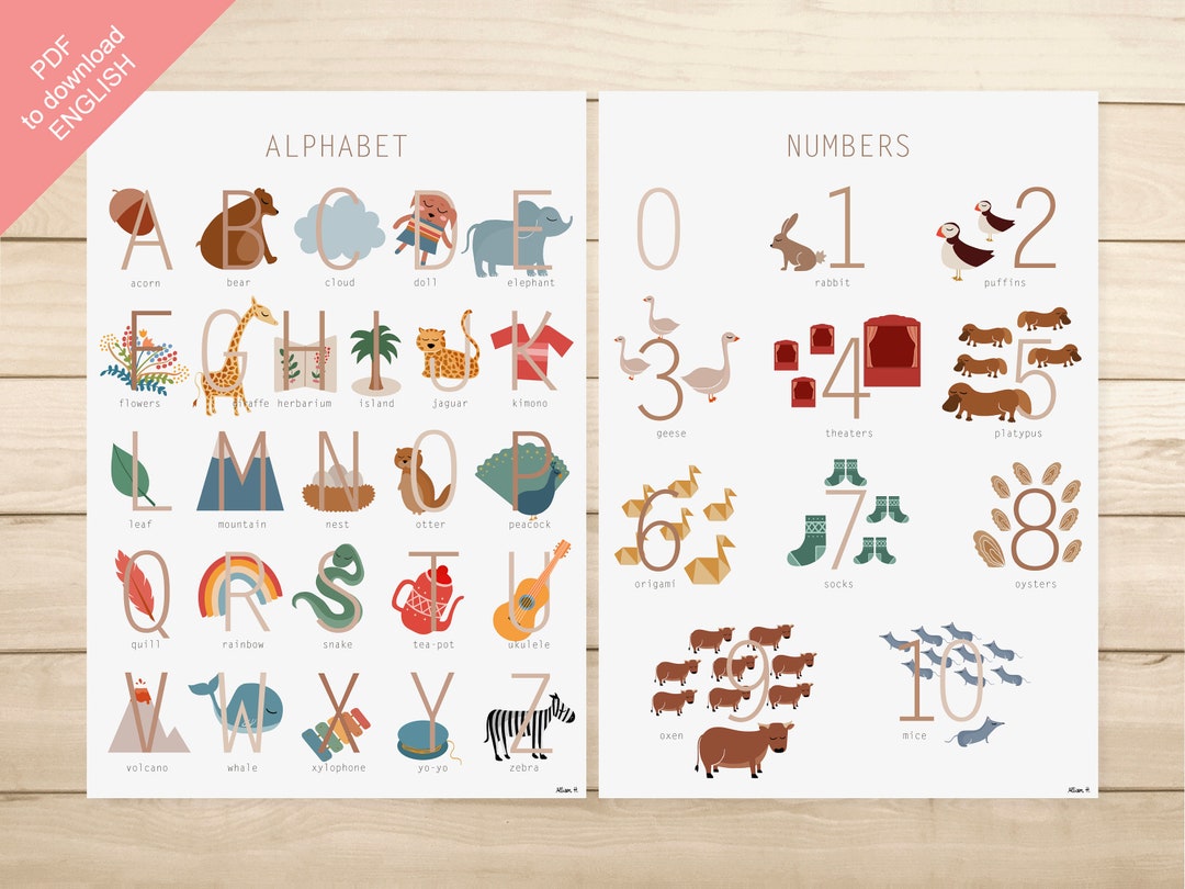 PDF 2 ENGLISH POSTERS alphabet & numbers Animals and Objects child's ...