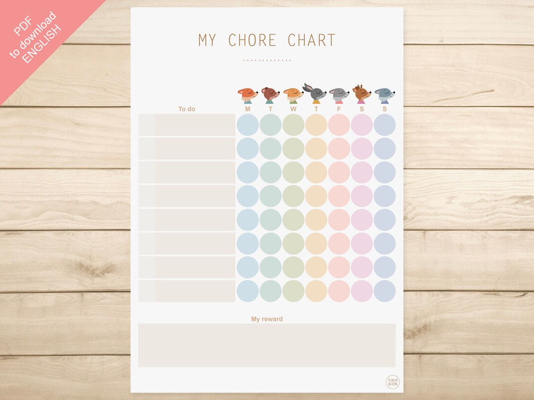 Buy PDF PRINTABLE ENGLISH my Chore Chart Animals child Organization ...
