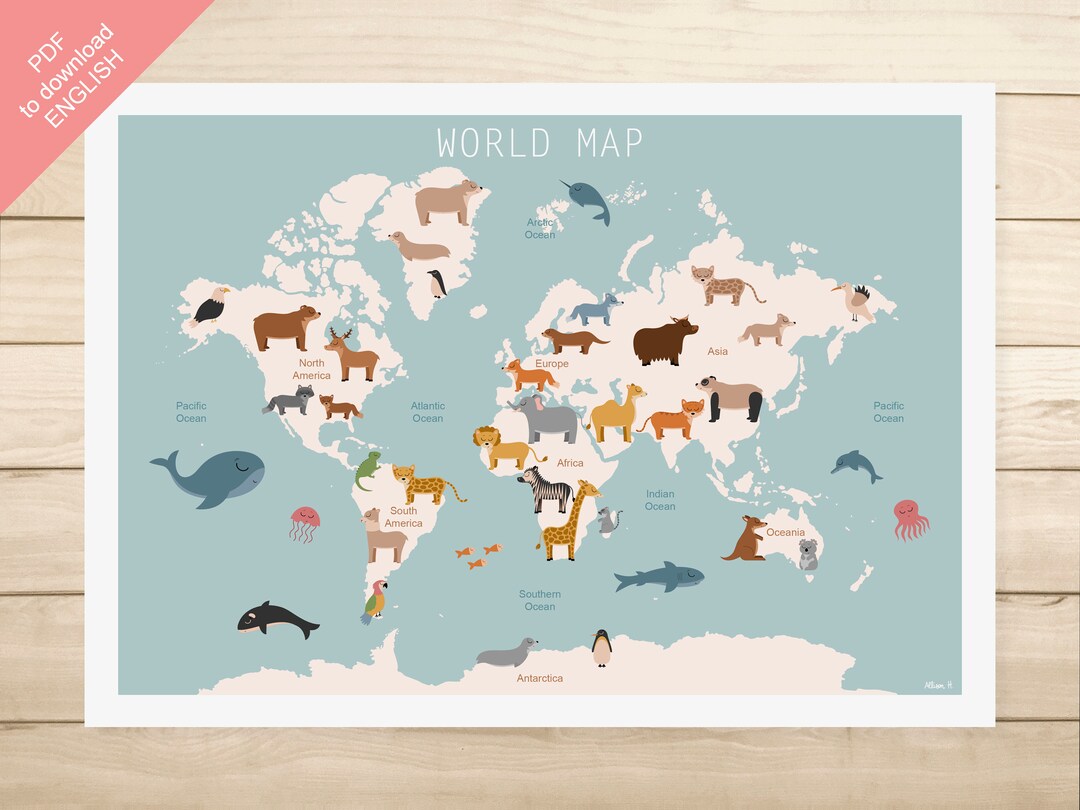 PDF POSTER ENGLISH the World Map of Animals children's Room, School ...