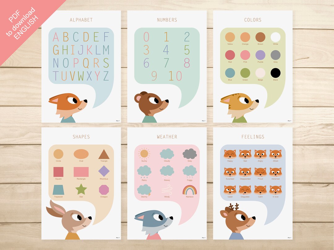 PDF 6 ENGLISH POSTERS alphabet, Numbers, Colors, Shapes, Weather ...