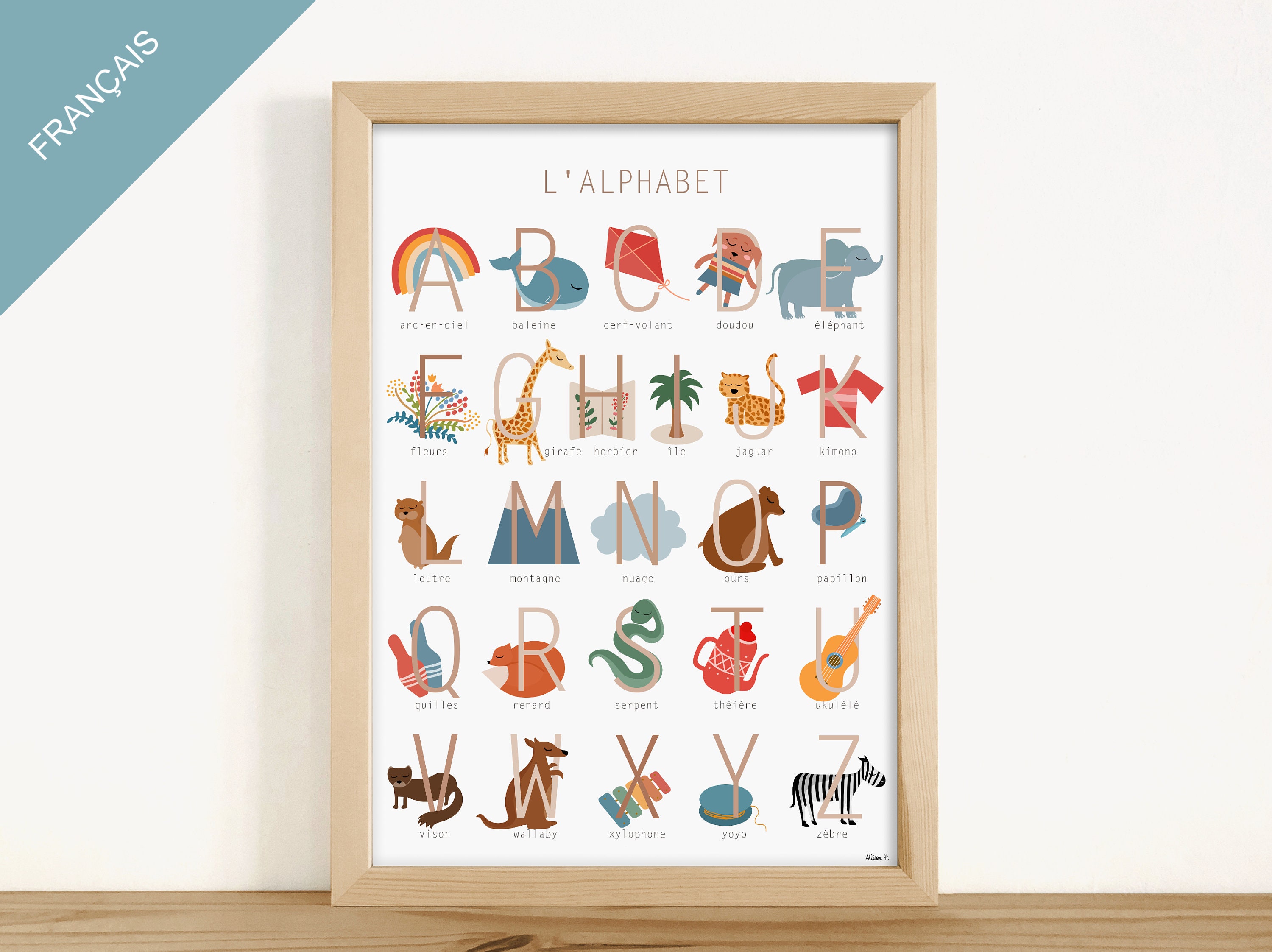 AFFICHE EDUCATIVE L'alphabet Animaux et objets Français chambre enfant ...