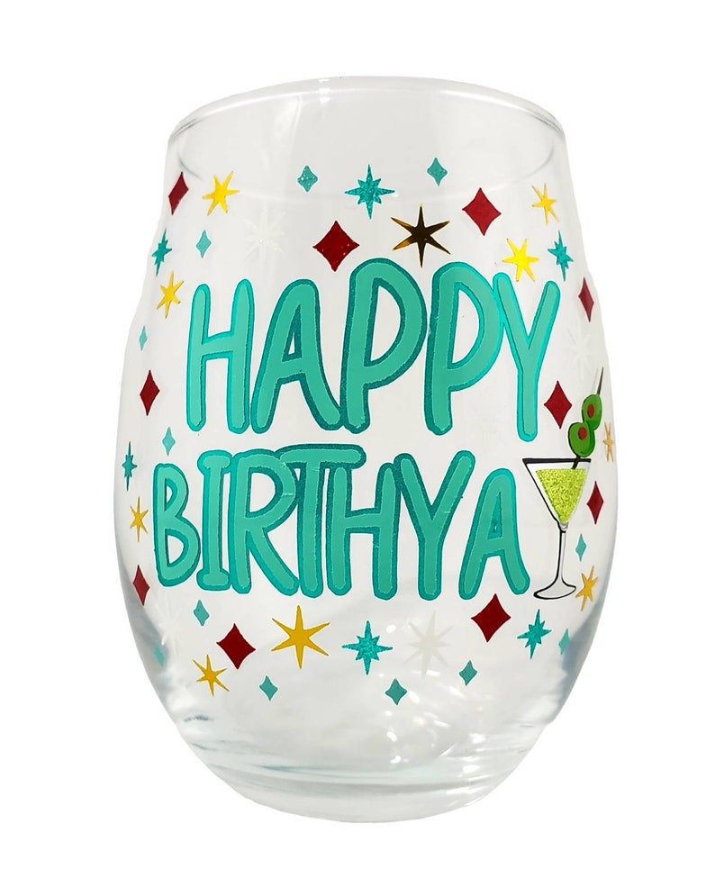 Happy Birthday Stemless Wine Glass, Happy Birthyay, Retro Theme ...
