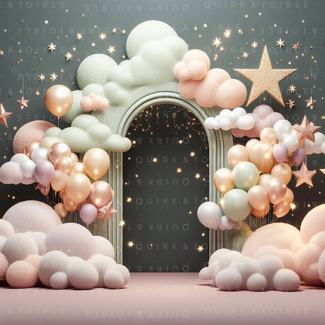 Rainbow Clouds Balloon Arch Digital Backdrop for Children's Birthday Party Baby Shower Maternity ...