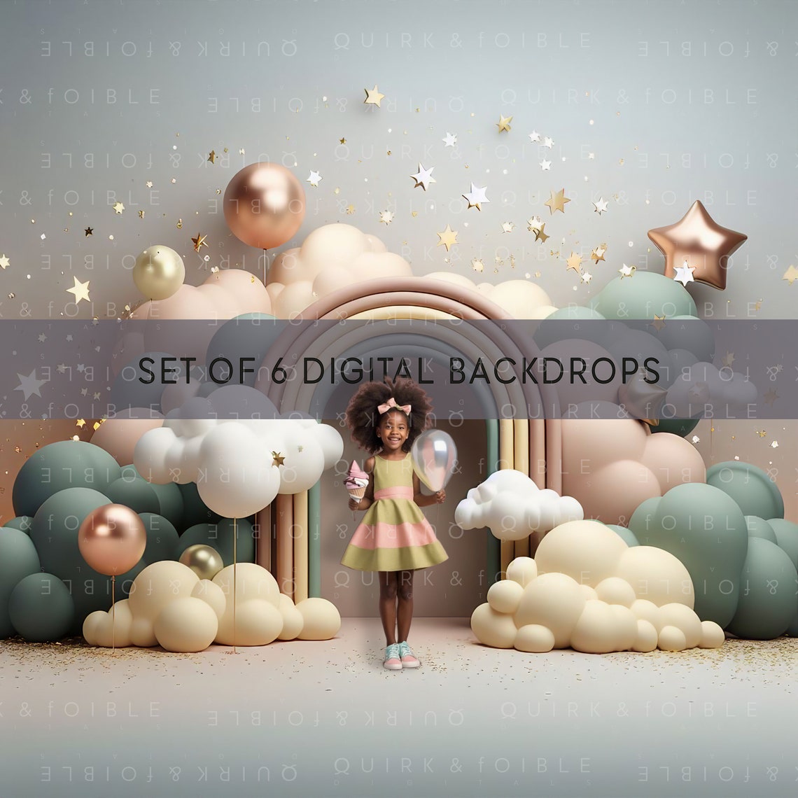Rainbow Clouds Balloon Arch Digital Backdrop for Children's Birthday Party Baby Shower Maternity ...
