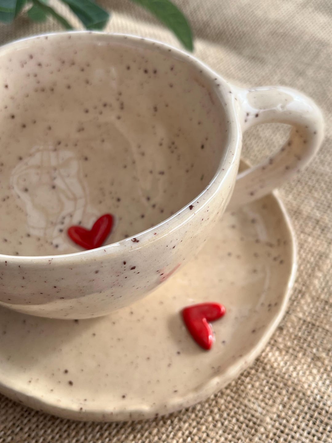Heartwarming Ceramic Mug With Plate Handmade Pottery Set With Red ...