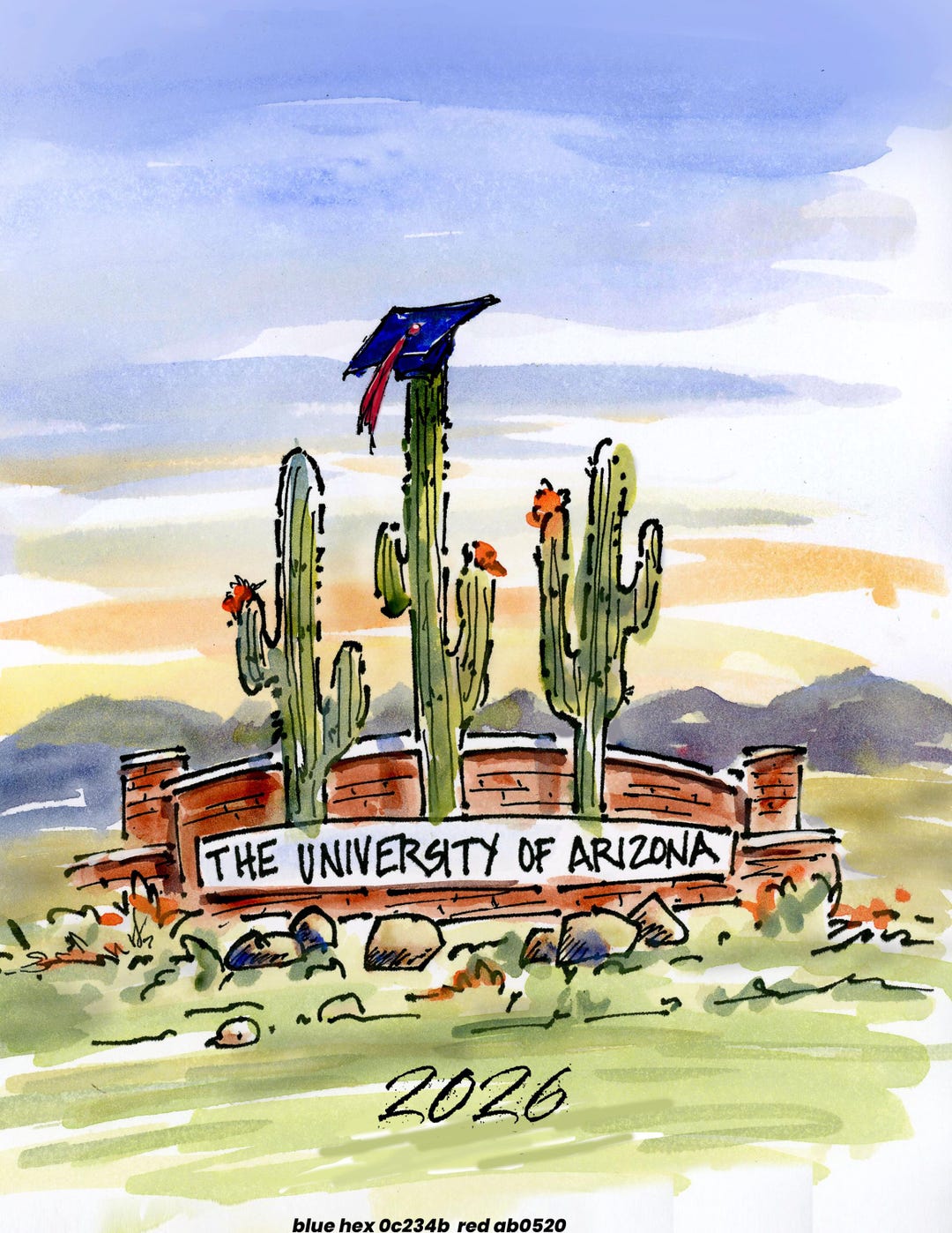 University of Arizona Graduation Print: Wildcat Cactus Watercolor (8x10 ...