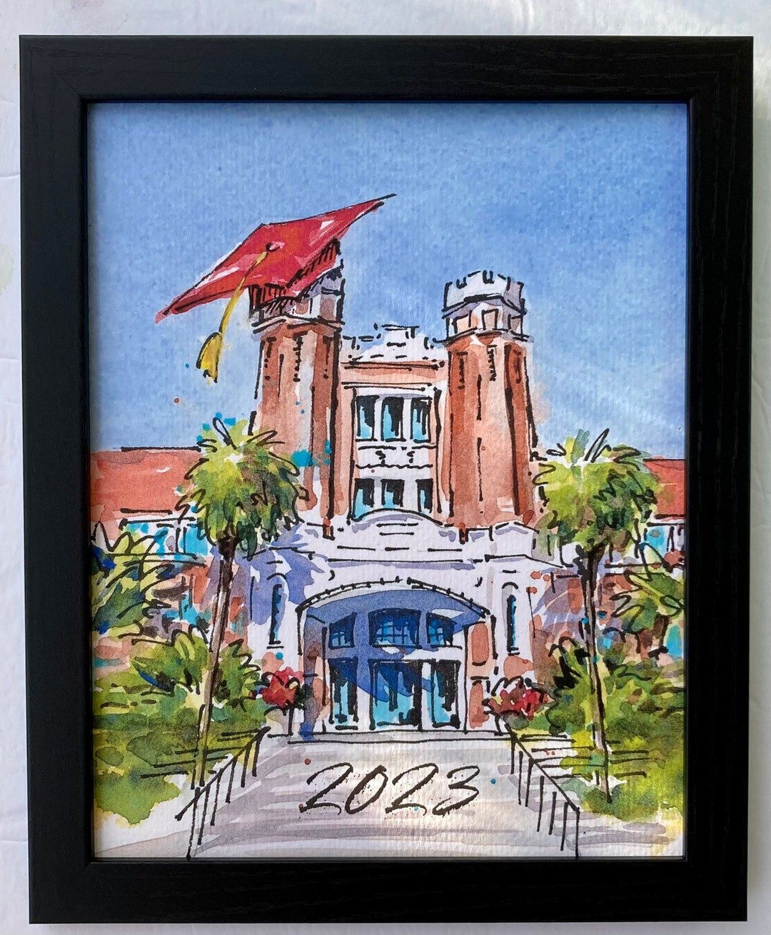 FSU Grad 2024 Mortarboard Graduate Cap on Westcott Building Watercolor ...