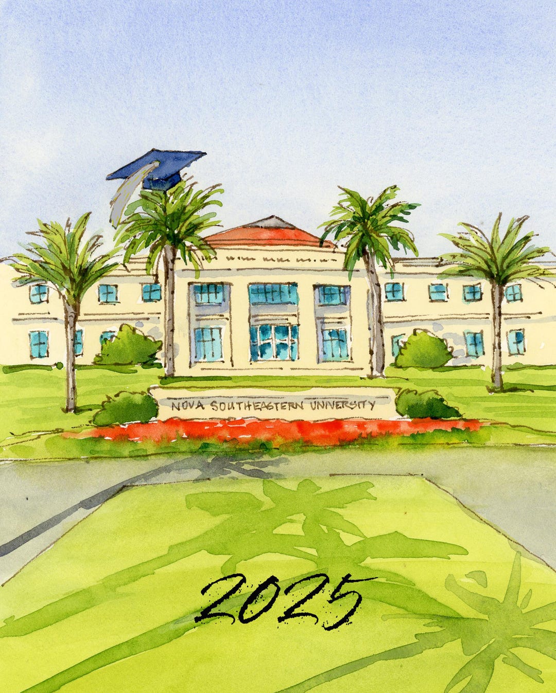NSU Graduation Watercolor Print: Nova Southeastern University, Shark ...
