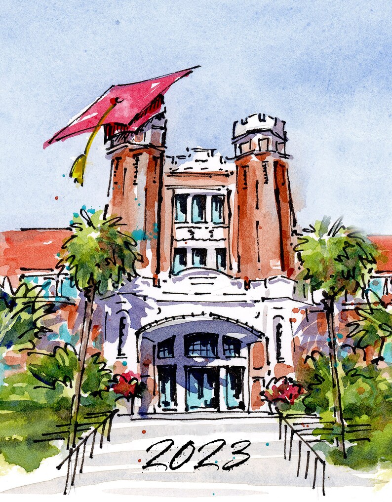 FSU Grad 2024 Mortarboard Graduate Cap on Westcott Building Watercolor ...