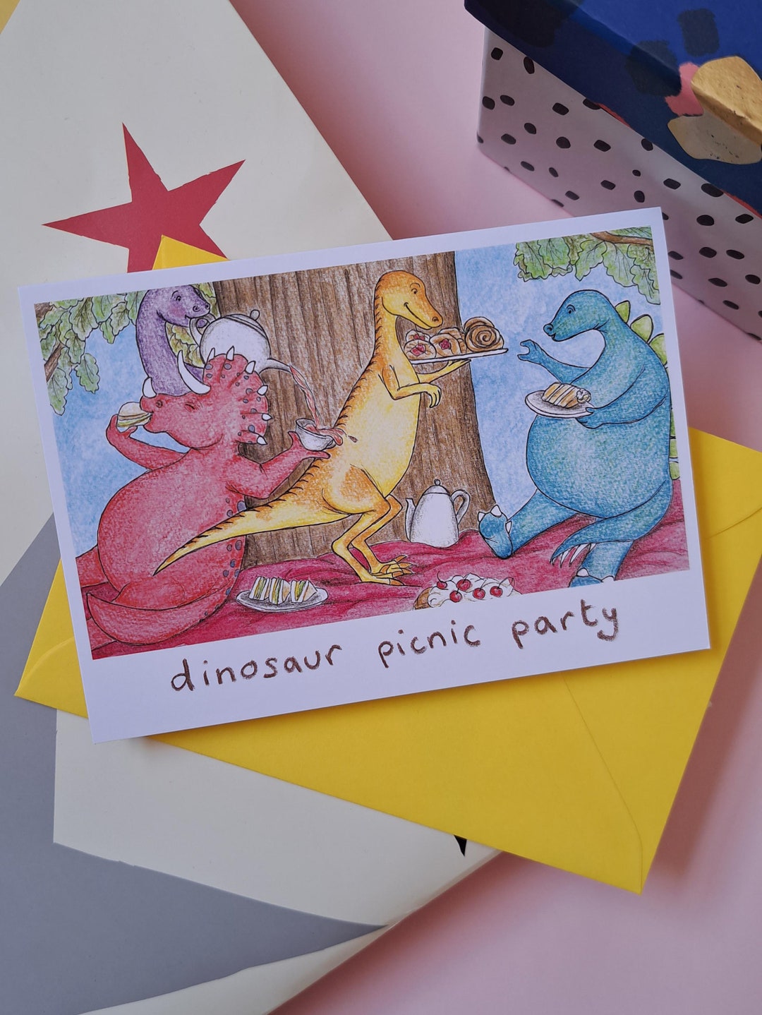 Dinosaur Picnic Party Greetings Card - Etsy