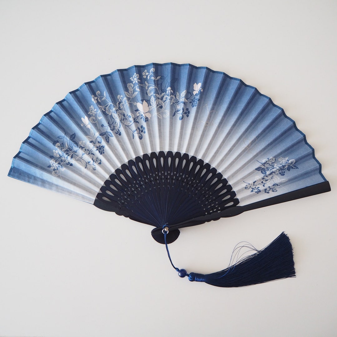 Folding Fan - Blue and White Floral Pattern - Etsy