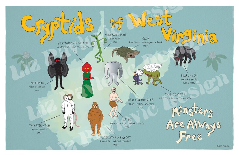 Cryptids of West Virginia Map - Etsy