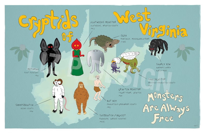Cryptids of West Virginia Map | Etsy