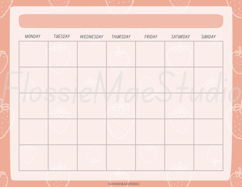 Cute Strawberry Printable Calendar Template PDF Digital Template Blank ...