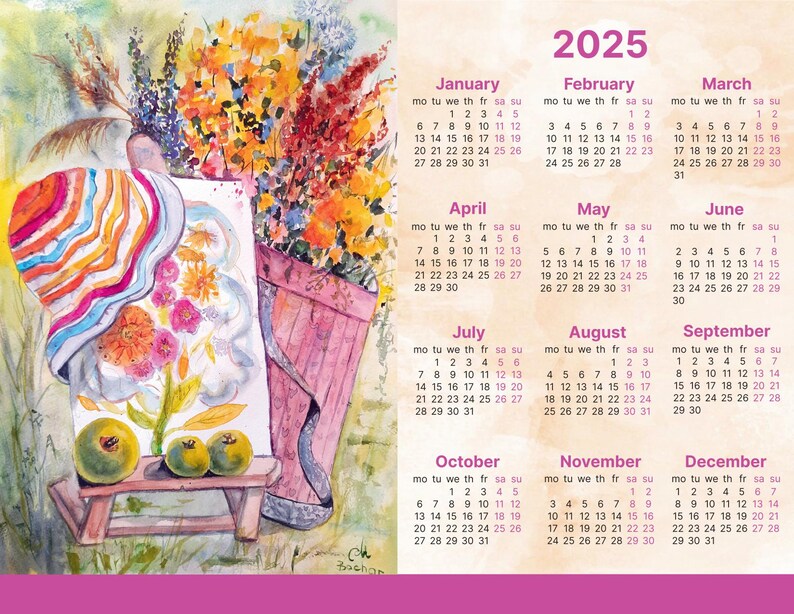 2025 Printable Calendar Floral Yearly Bouquet Wall Calendar Watercolor ...