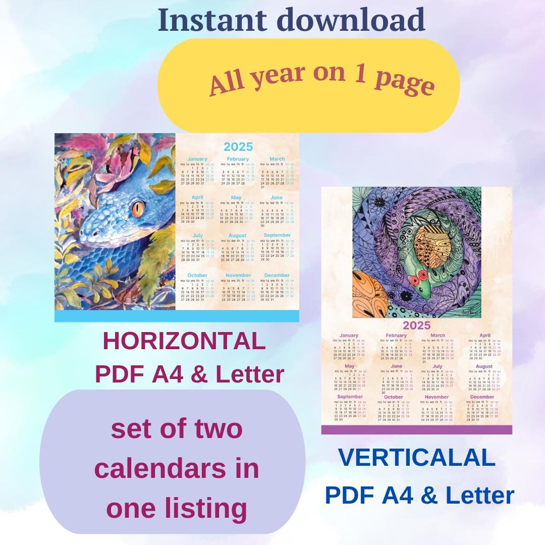 Calendar Snake 2025 Set of Two Calendars Printable Wall Desk Calendar ...