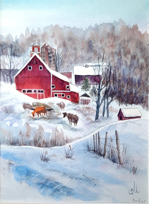 Watercolor Snowy Red Barn Snow Covered Farm Winter Farmyard - Etsy