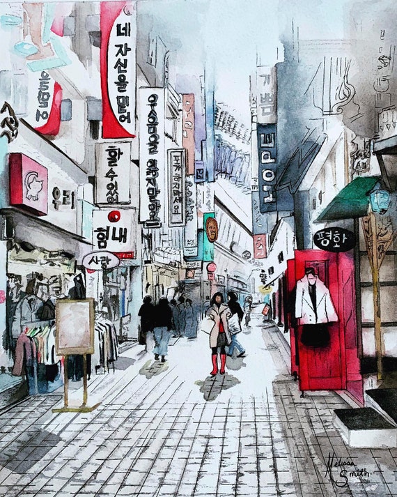 Watercolor Painting Illustration Art Print Korea Street - Etsy