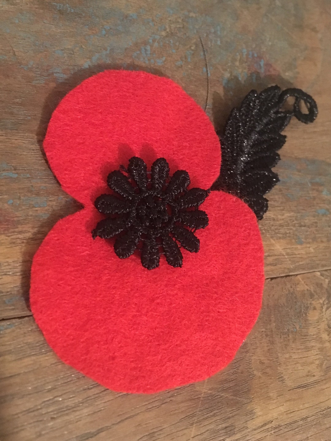 Red Felt Poppy Poppies With Black Sequinned Motif Applique Leaf and ...