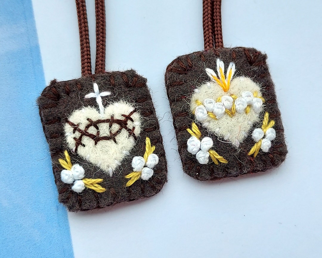 Very Small Brown Scapular (0.6"x0.8" Panels), Tiny Hand Embroidered ...