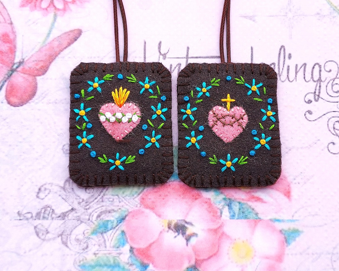 Hand Embroidered Brown Scapular With Sacred Heart and Immaculate Heart ...