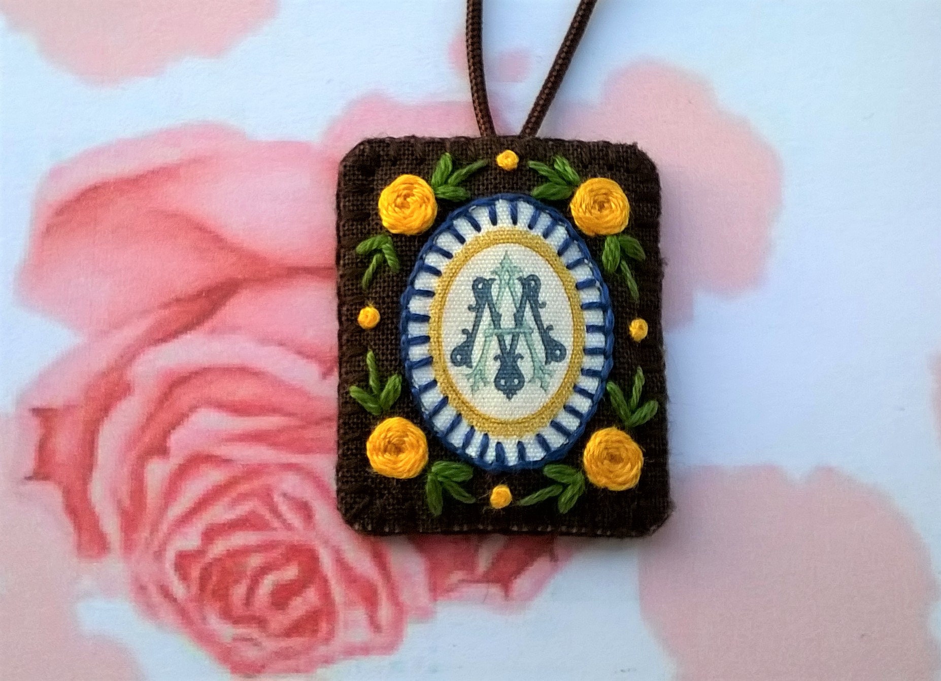 Brown Scapular, Hand Embroidered Scapular With Virgin Mary and Monogram ...