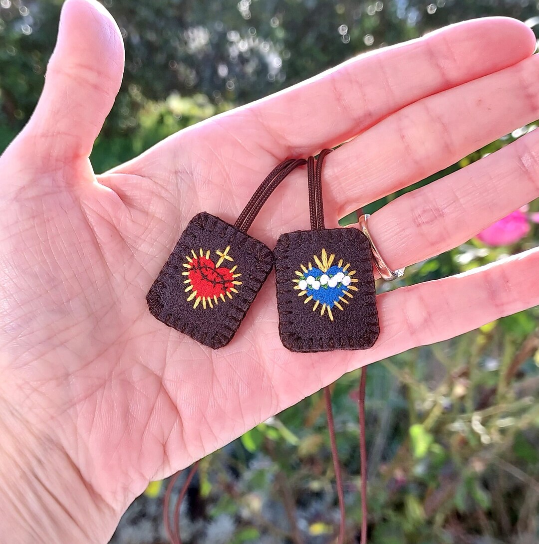 Handmade Brown Scapular 0.9 X 1.1 Panels, Small Hand Embroidered Brown ...
