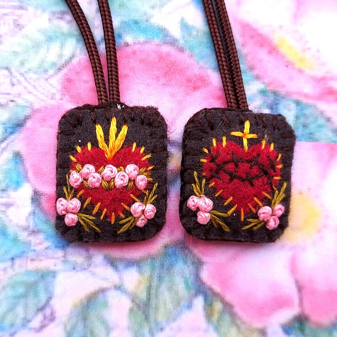 Miniature Brown Scapular , Hand Embroidered, With Sacred Heart of Jesus ...