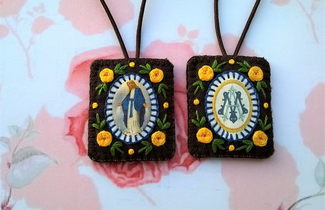 Brown Scapular, Hand Embroidered Scapular With Virgin Mary and Monogram ...